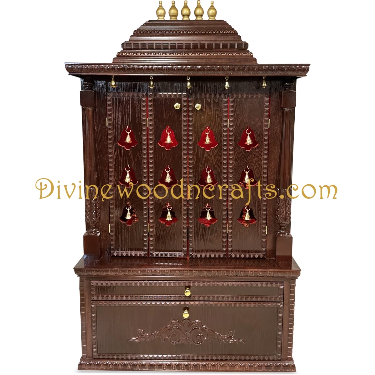 40" Closed Door Pooja Mandir W Pillars M 4 Mahogany - Divine Wood N Crafts